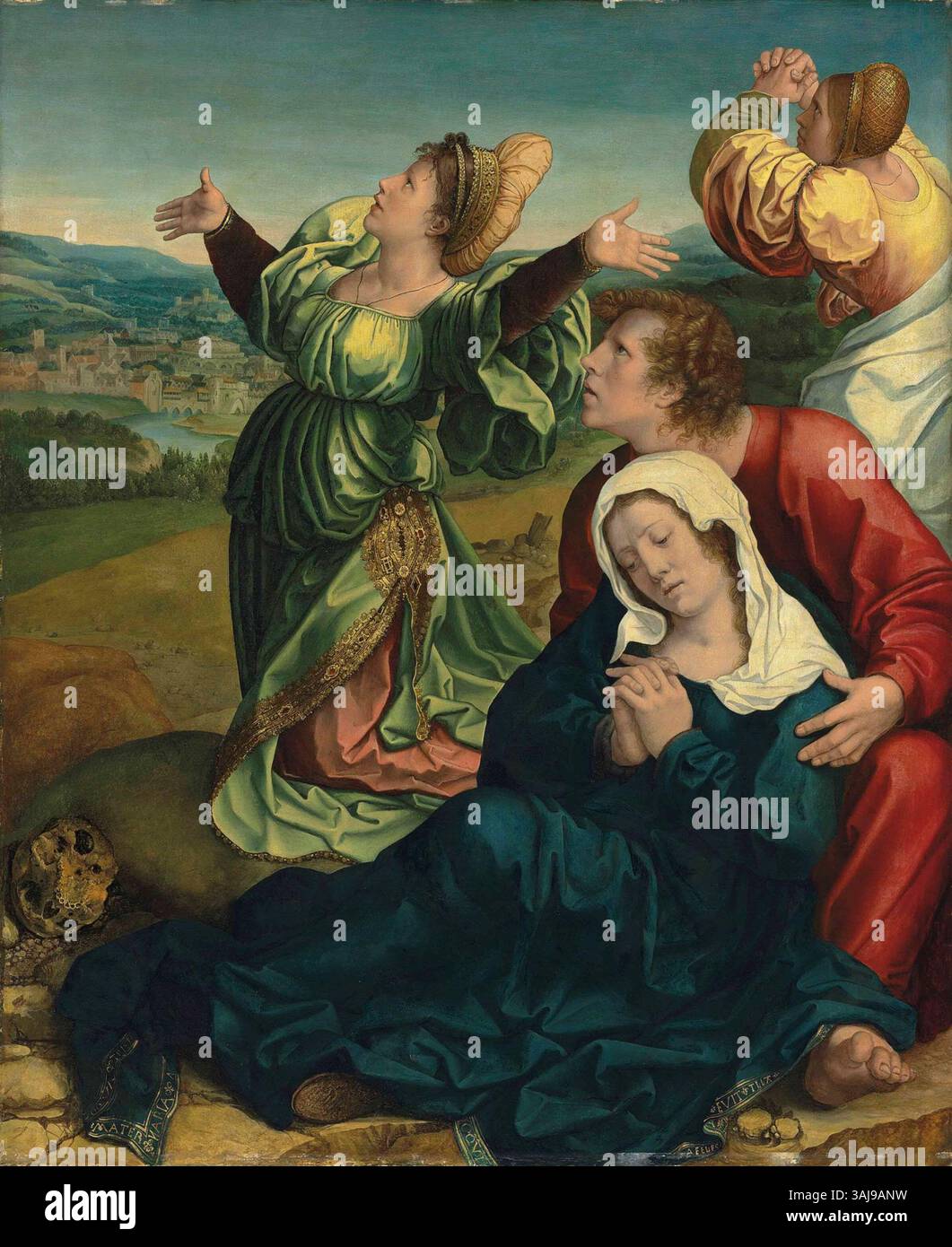 This 1530 painting by Bernard van Orley depicts the three Marys and Saint John the Evangelist at ...