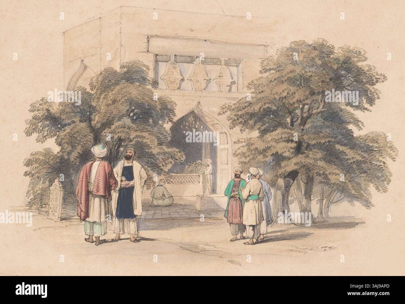 Lithograph of the exterior of Sultan Mahmood’s tomb in Guznee, created ...
