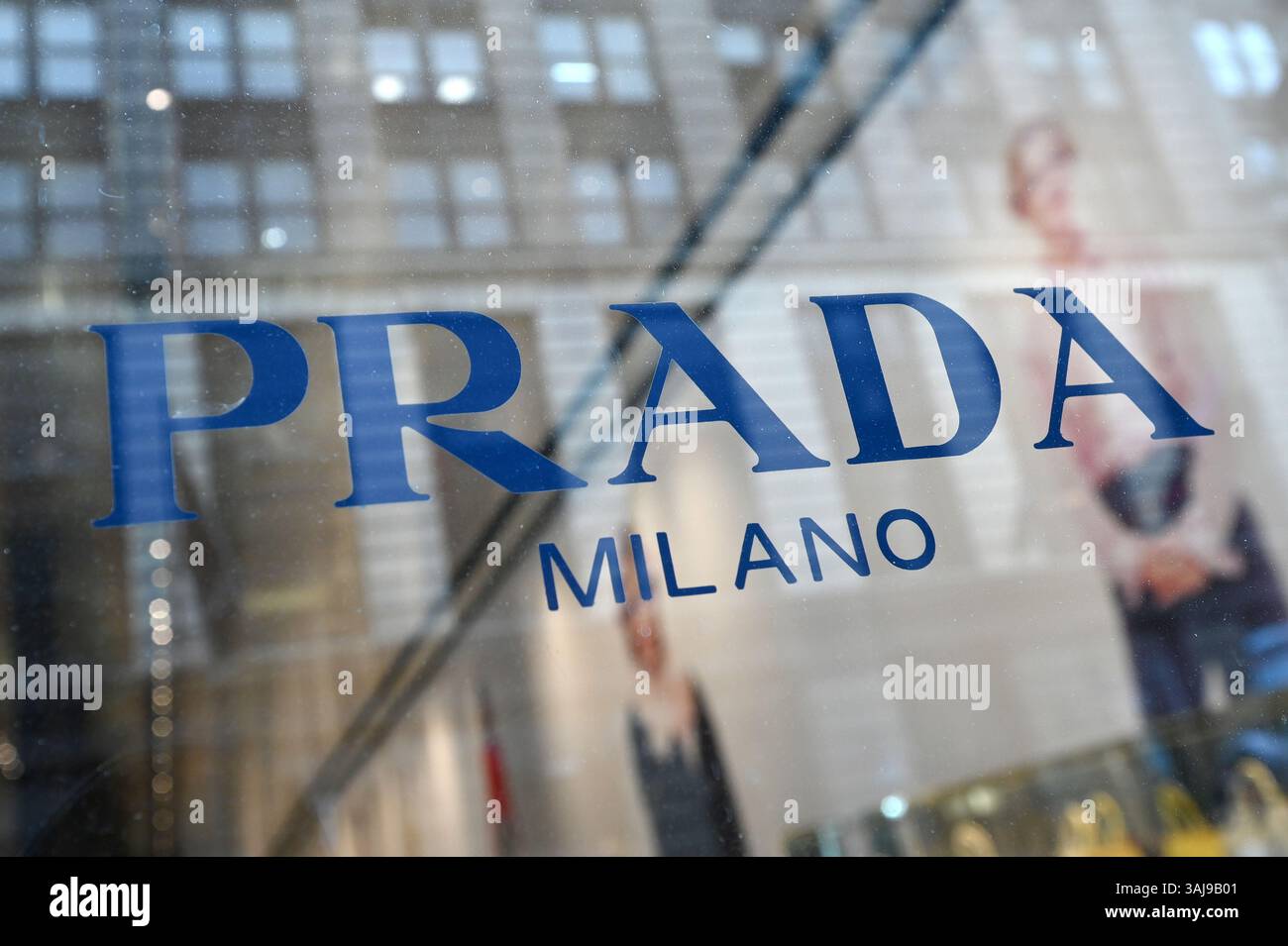 New York, USA. 10th Apr, 2025. View of the Prada retail store logo in ...