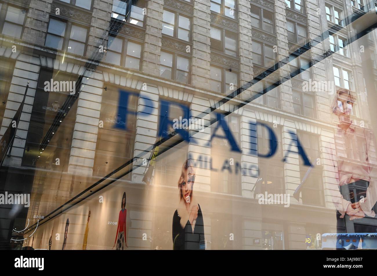 New York, USA. 10th Apr, 2025. View of the Prada retail store logo in ...