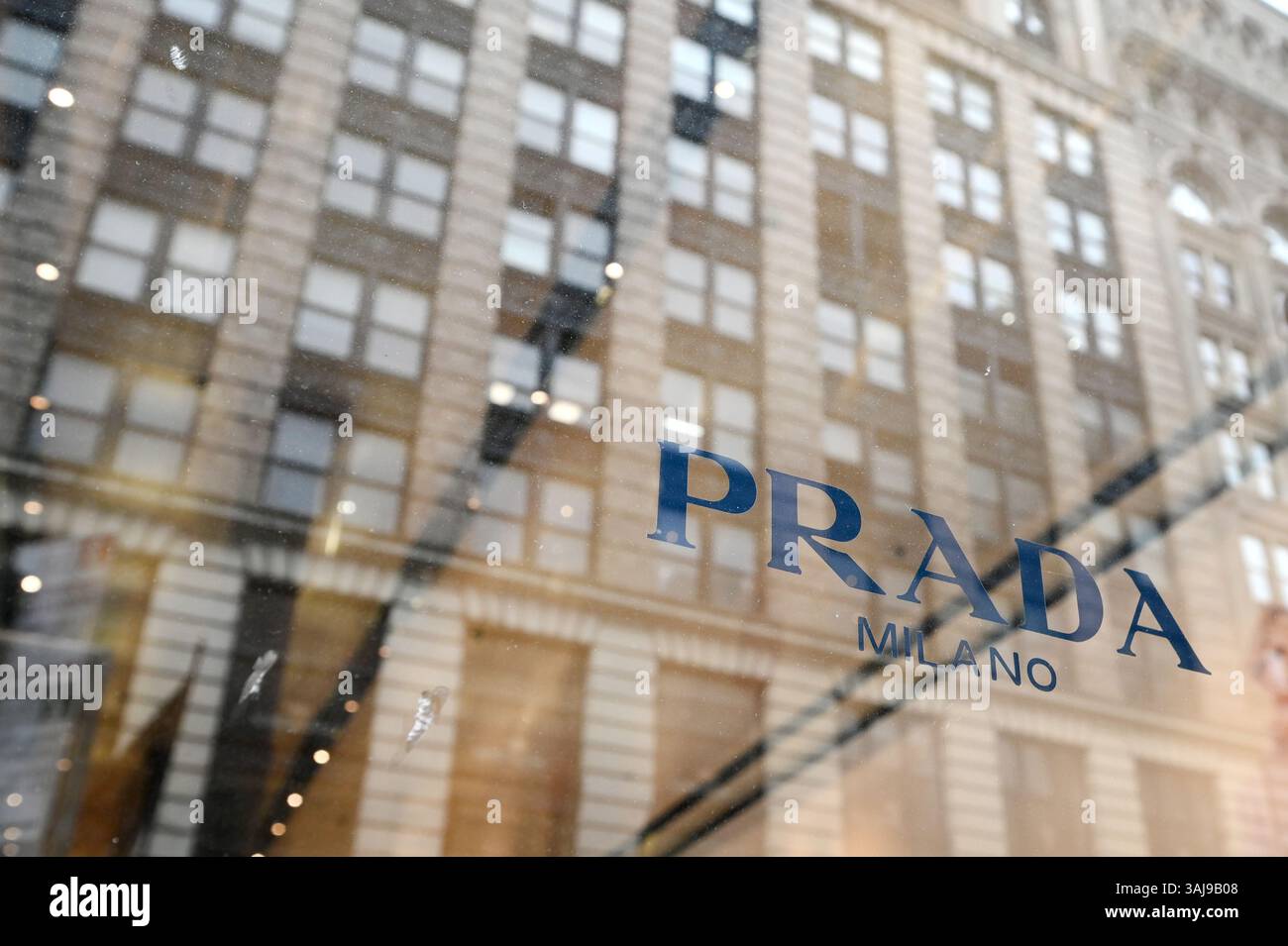 New York, USA. 10th Apr, 2025. View of the Prada retail store logo in ...