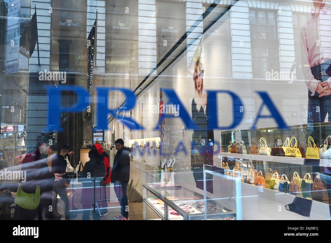 New York, USA. 10th Apr, 2025. View of the Prada retail store logo in ...