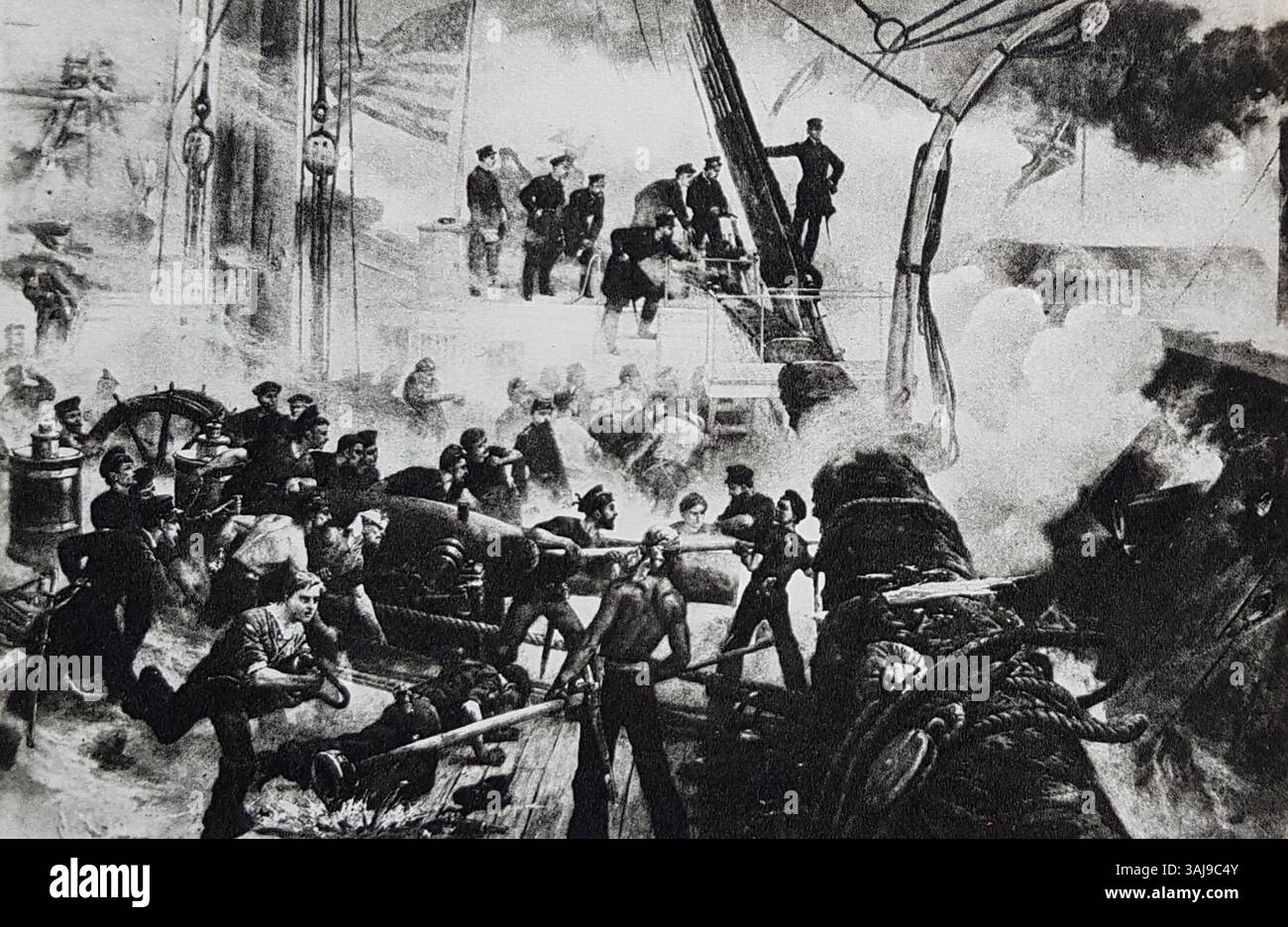 A painting by Henry Reuterdahl depicting the battle between the USS ...