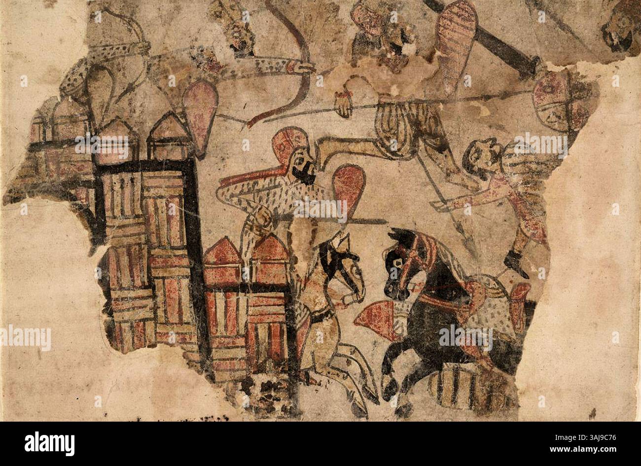 This 12th-century fragment from Fustat depicts a battle between Arabs ...