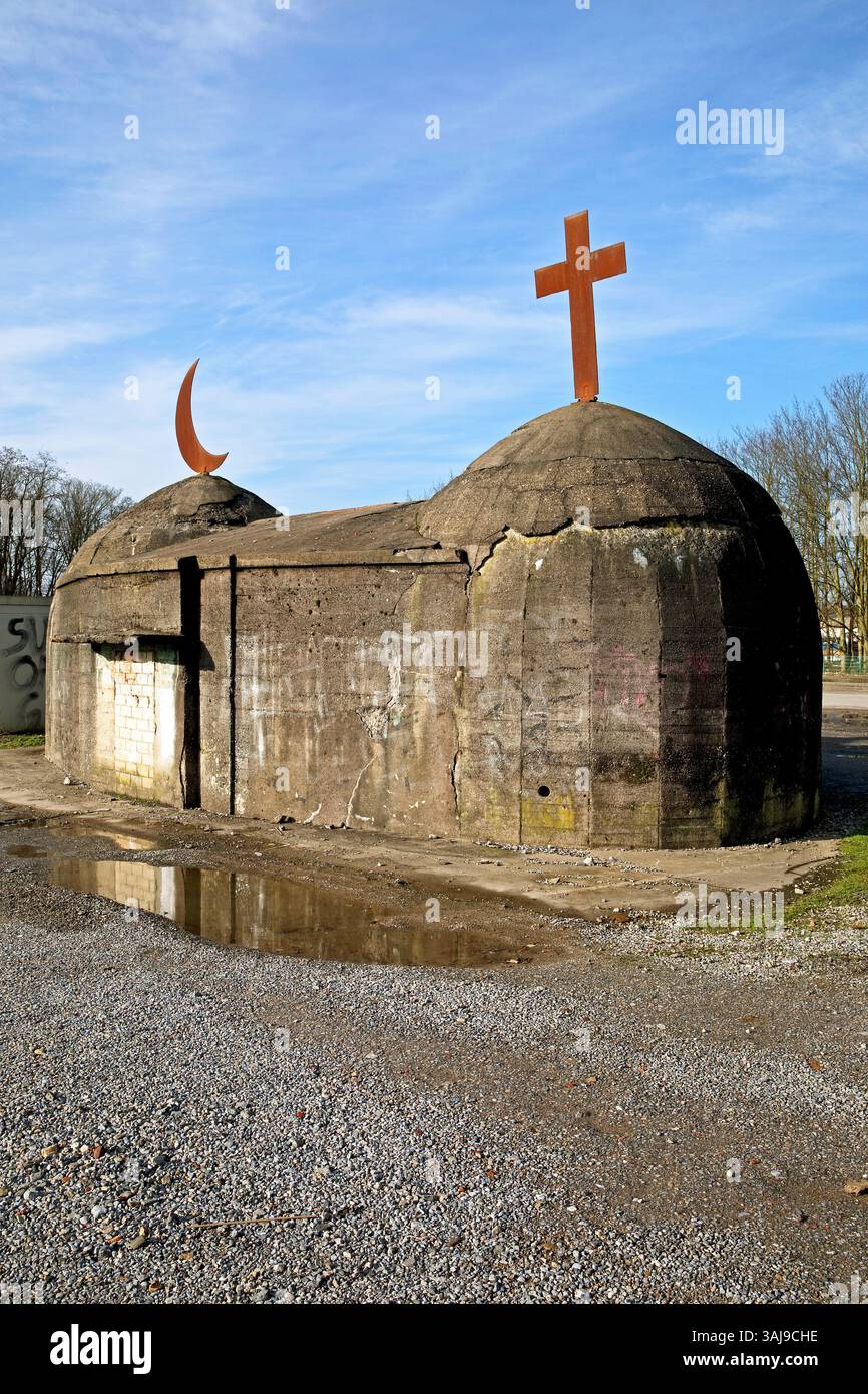 artwork Migration object, cross and crescent on a former air raid ...