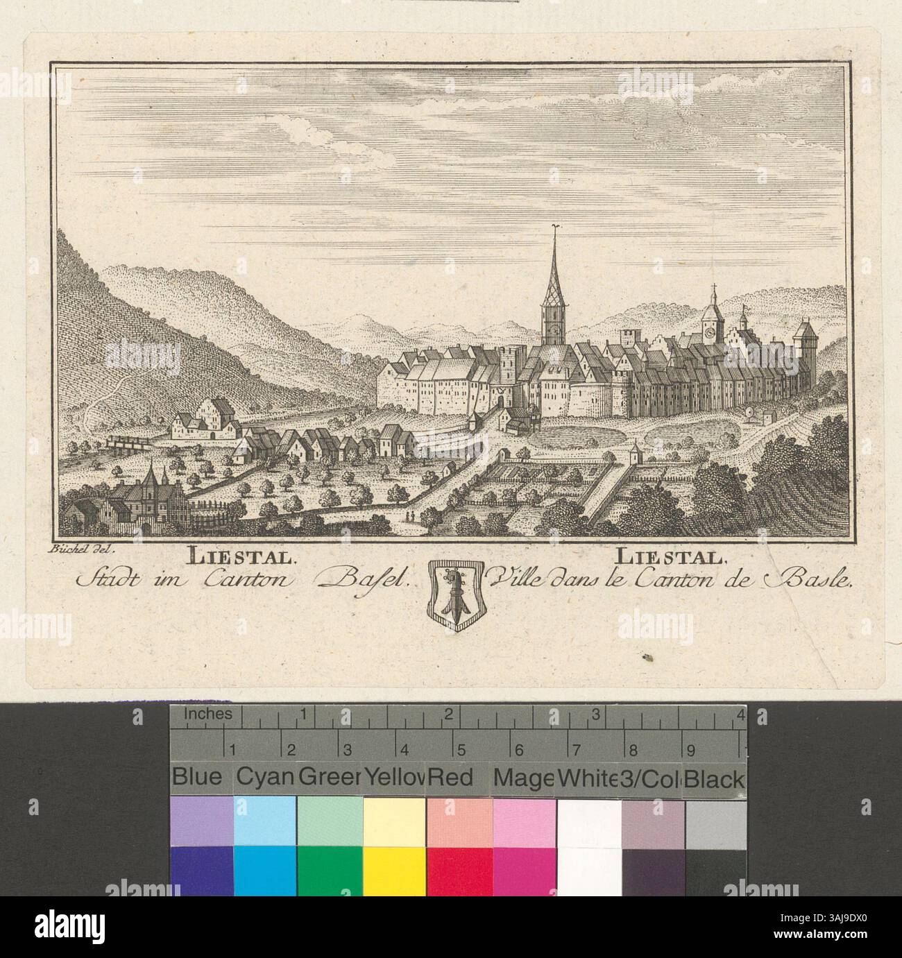 An engraving from 1755 depicting Liestal, a city in the Basel Canton ...