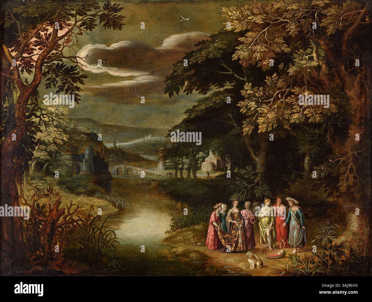 A 17th-century Flemish painting titled 'Auffindung des Moses-Kindes ...