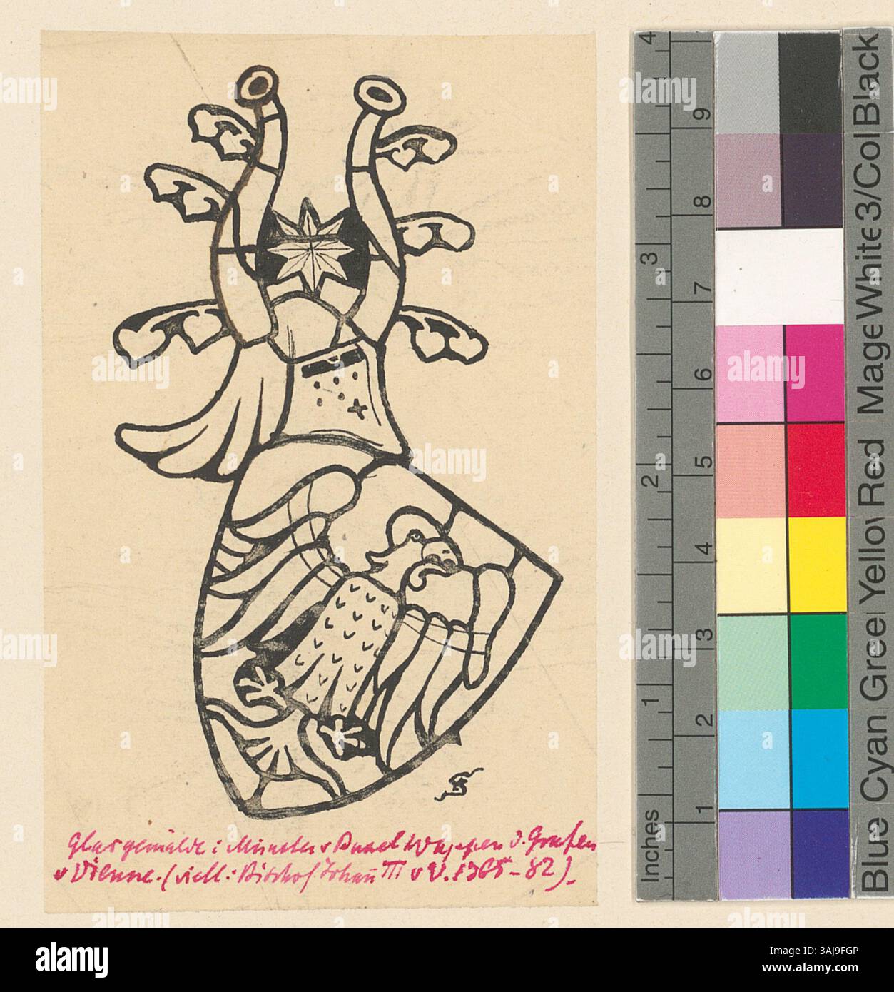 This image depicts a stained-glass window in the Basel Minster, likely ...