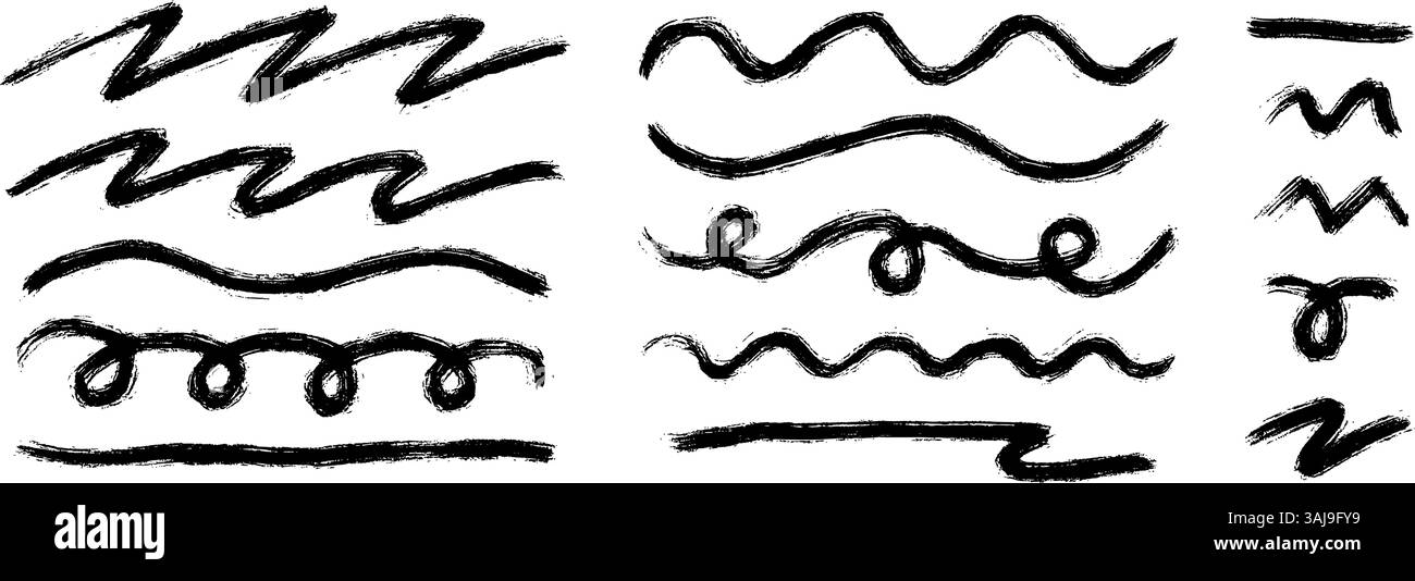 Long and short wavy paint line set. Zig zag and undulate sketch brush ...