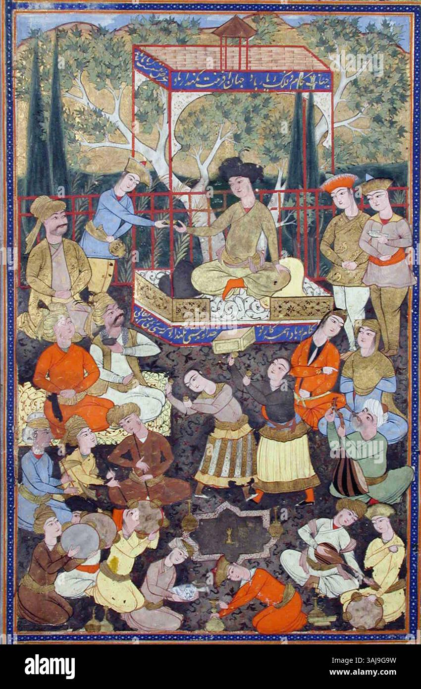 A 17th-century Persian manuscript painting depicts the enthronement of ...