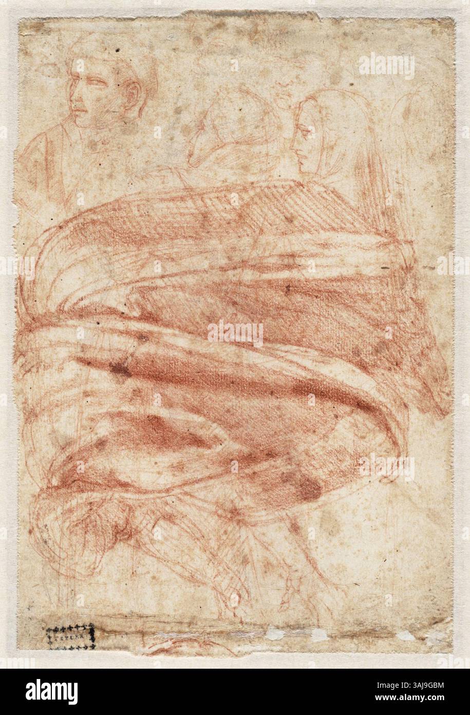 Study by Michelangelo of a bending woman with five heads, inspired by ...