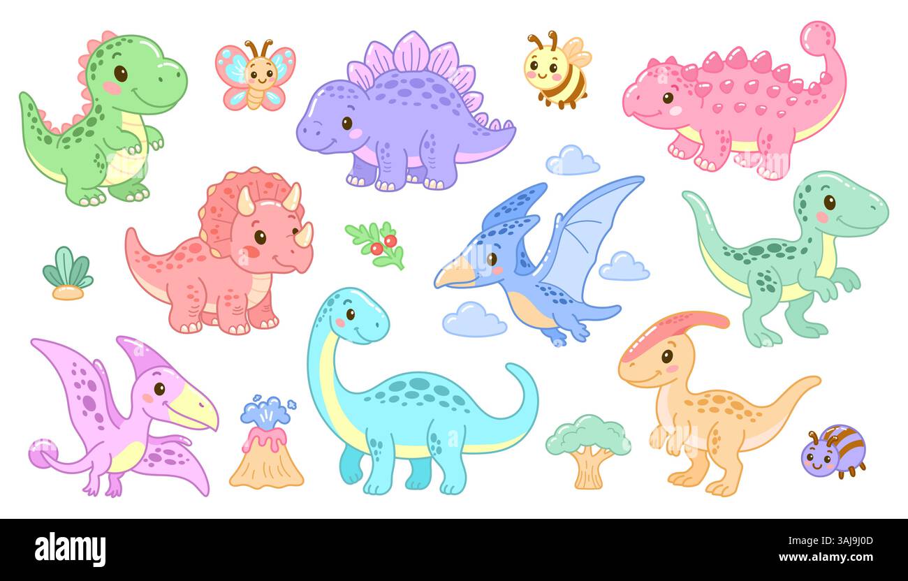 Vector set of colorful cartoon dinosaurs and cute animals Stock Vector ...
