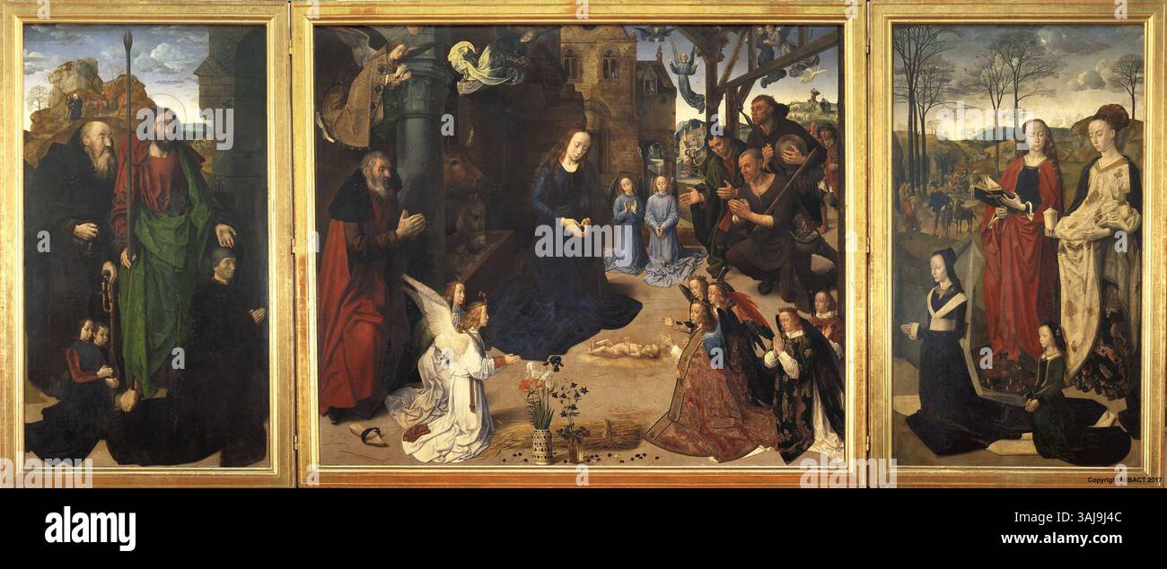Hugo van der Goes' 'Portinari Triptych,' painted in 1477, is a winged altarpiece housed in the ...