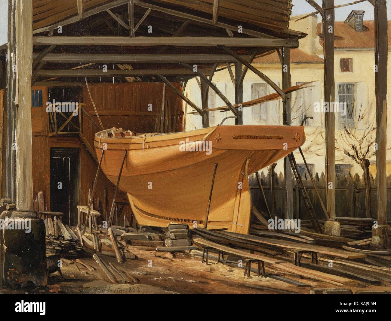 Louis Jules Gustave Caron’s 1852 painting portrays a naval construction ...