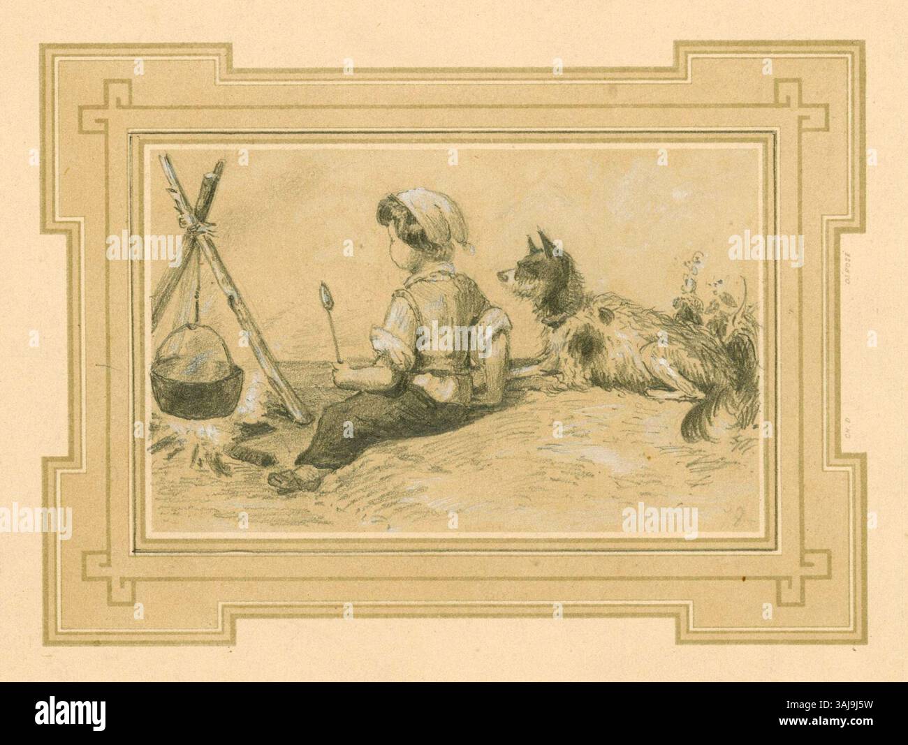 Drawing by Édouard van Marcke featuring a child and a dog, depicted in ...