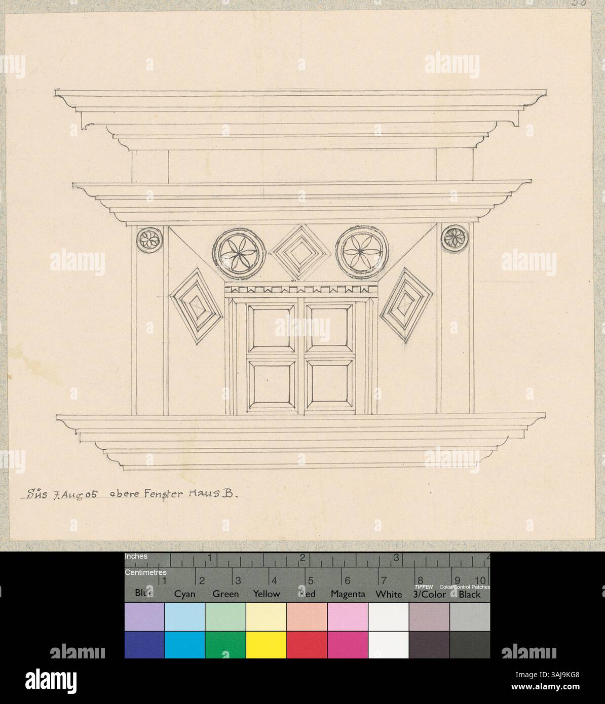 The image shows the upper window section of an old house in Susch ...