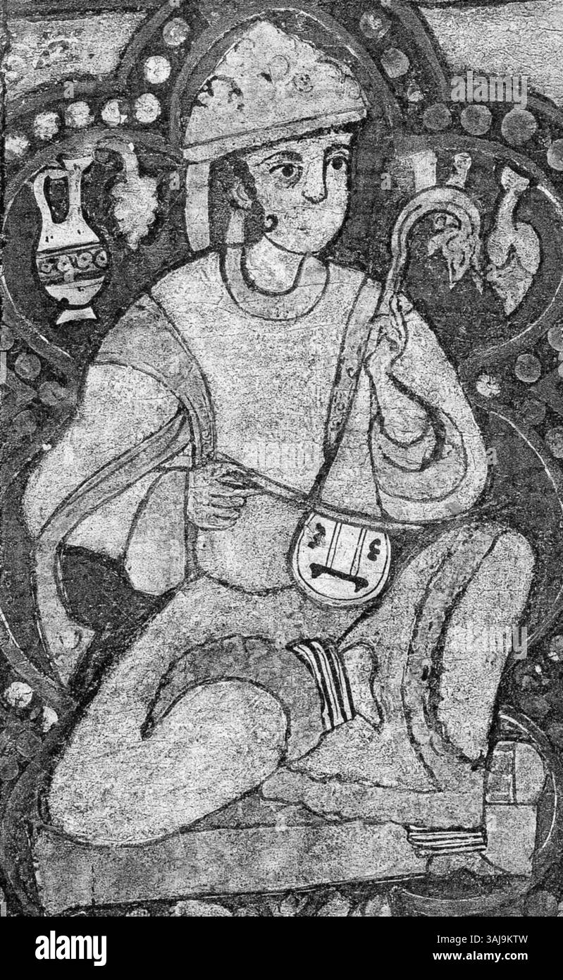 A female musician playing the Maghreb rebab is painted on the ceiling ...