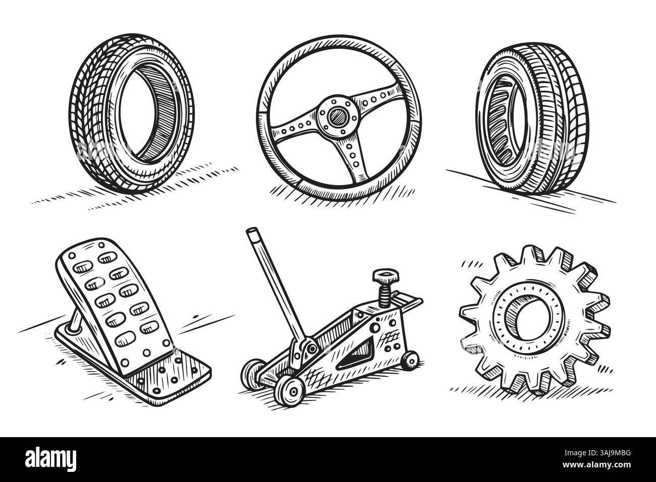 A drawing of a car with a steering wheel, a jack, and a tire Stock ...