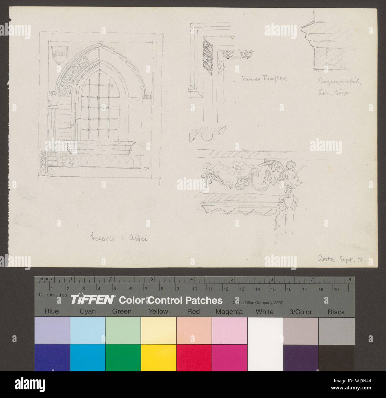 This print presents details of the Abbey of Aosta, Italy, showcasing ...