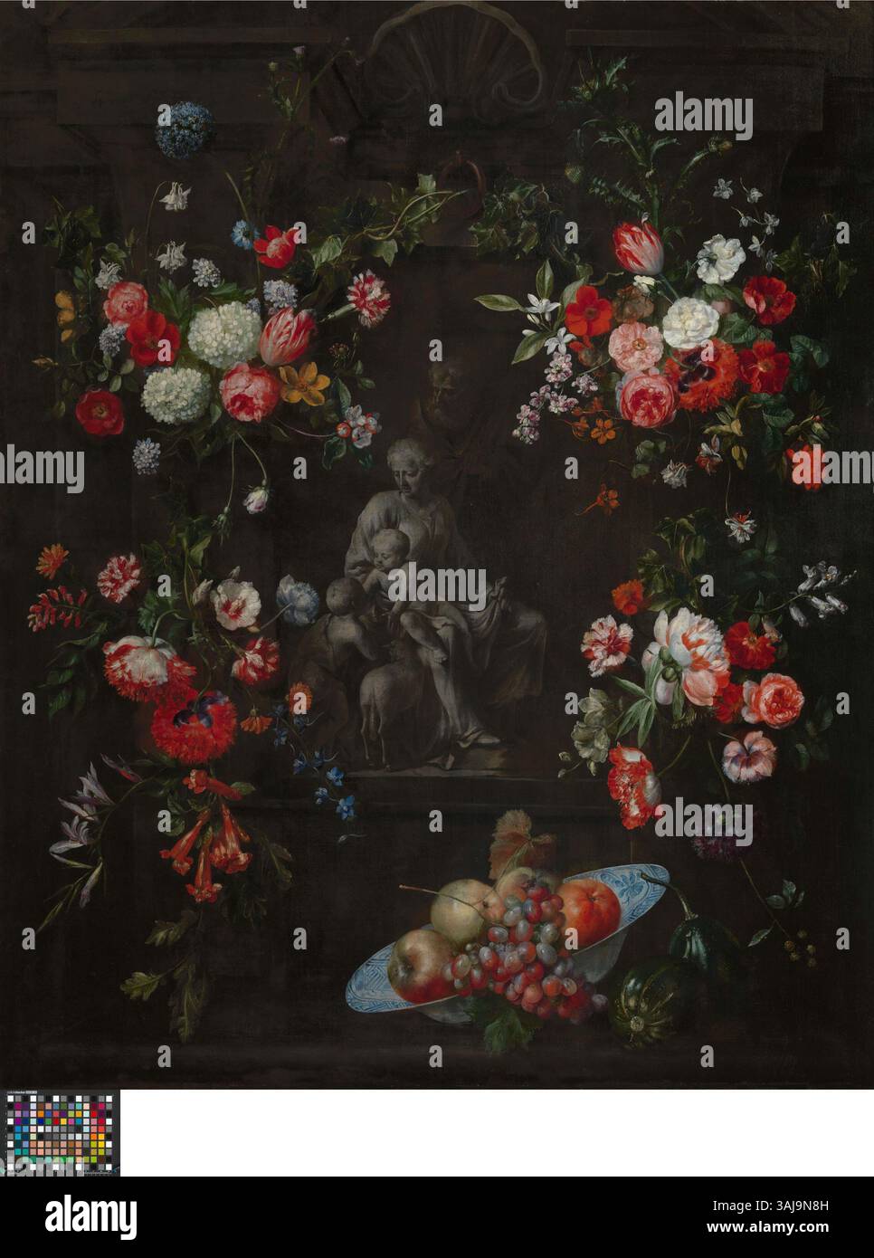 Frans Ykens’ 1683 painting 'Flower Wreath with The Holy Family' depicts the Virgin Mary, Saint ...