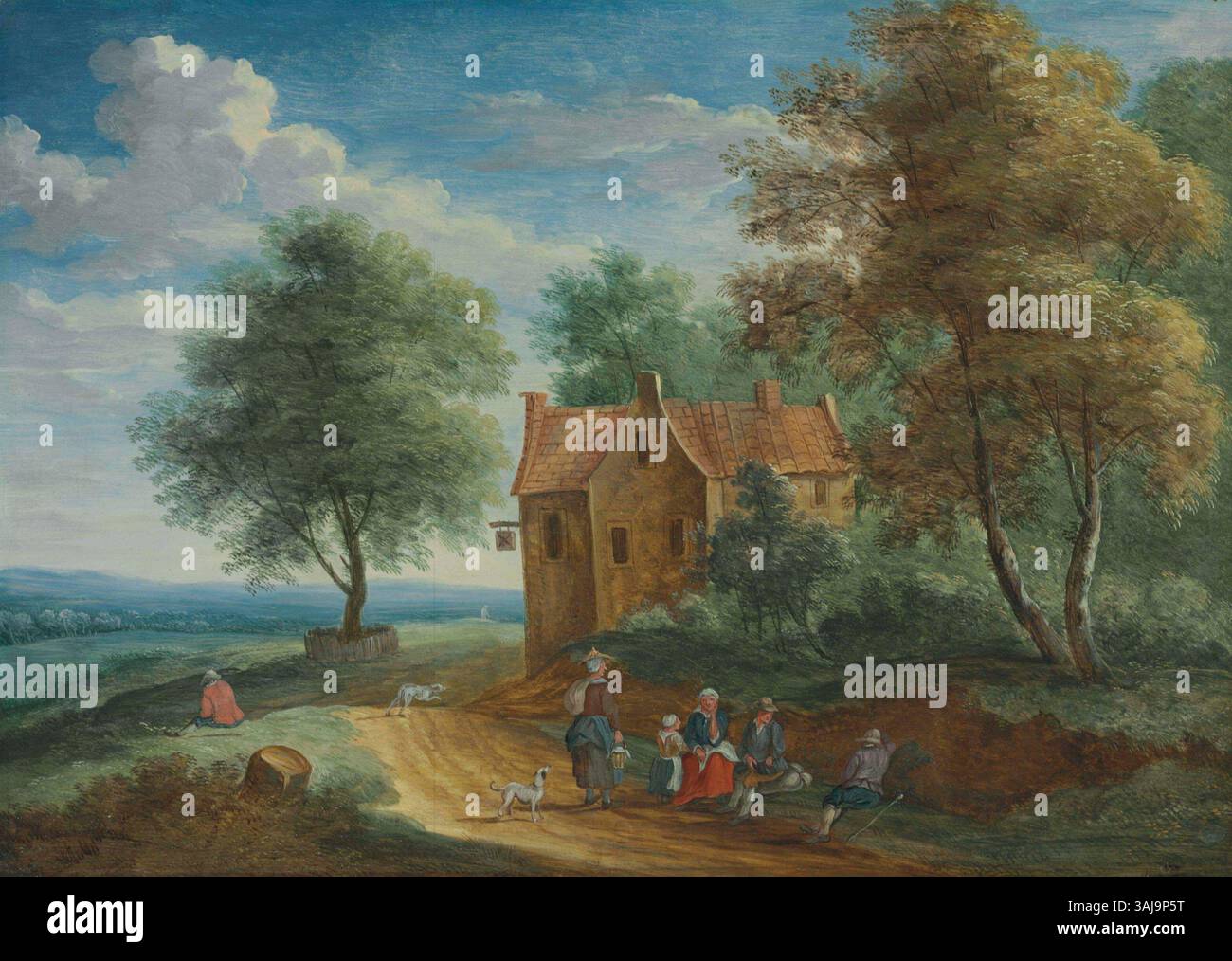 This painting by Andreas Martin depicts two travelers resting by a ...