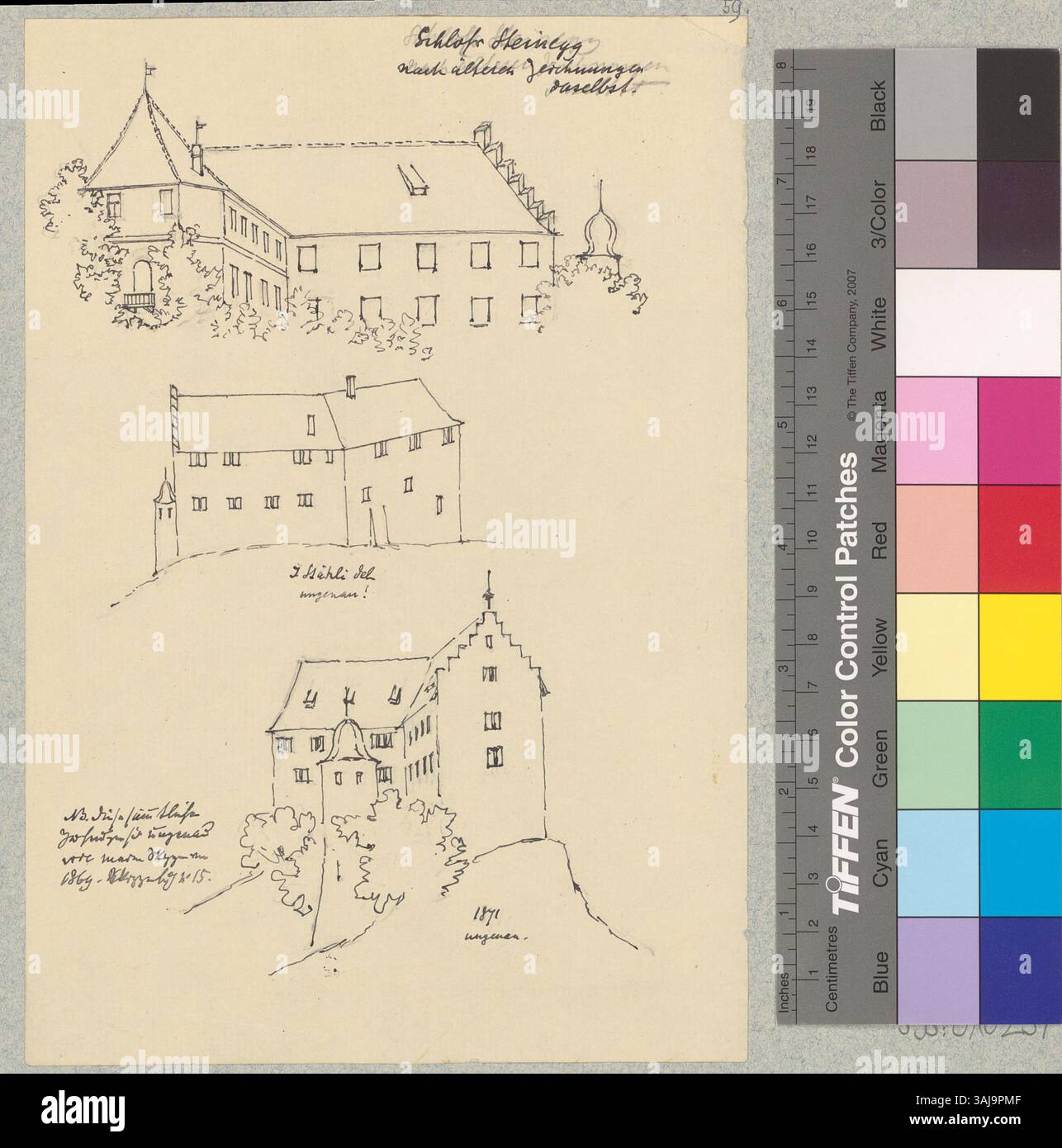 A historical illustration depicting three exterior views of Steinegg ...