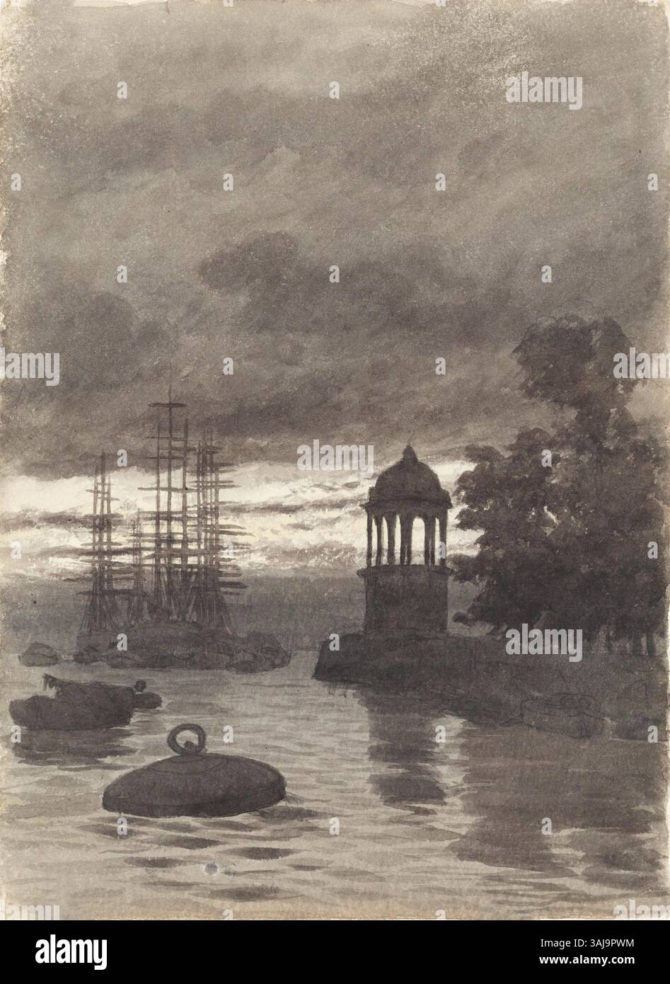 This watercolor by George Strahan captures ships at anchor in Calcutta ...