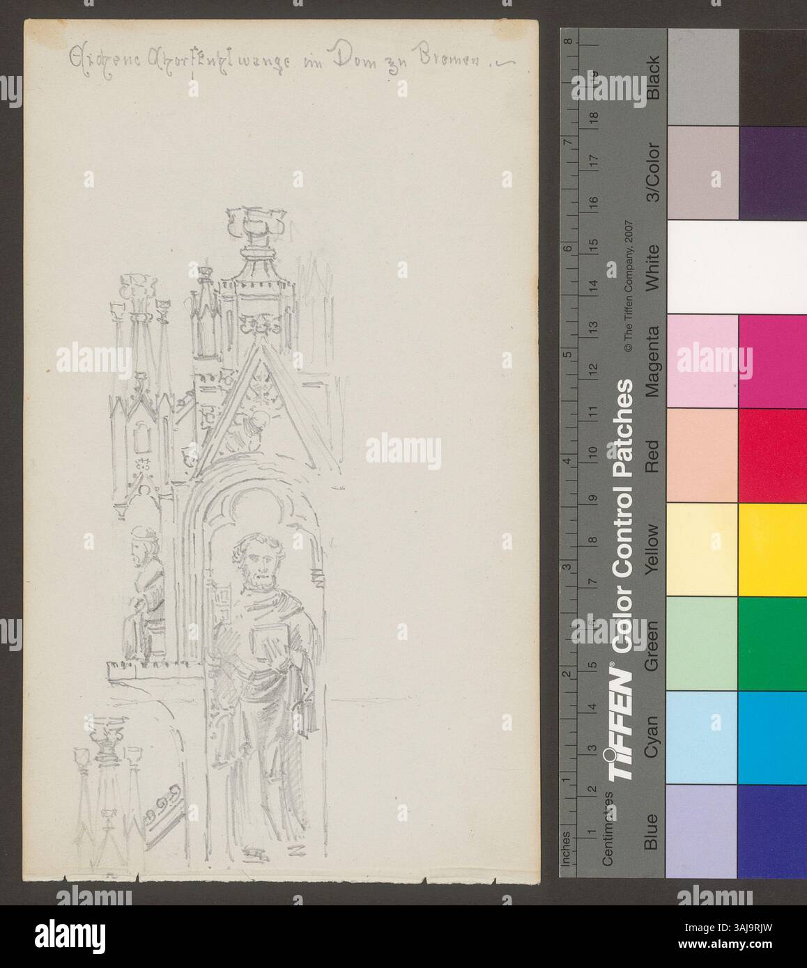 The artwork illustrates the oak choir stall wing located in Bremen ...