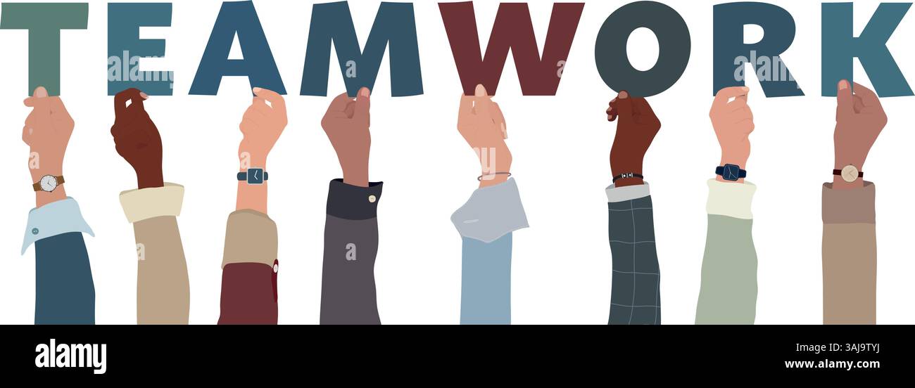 Raised hands of diverse people holding letters forming the word ...