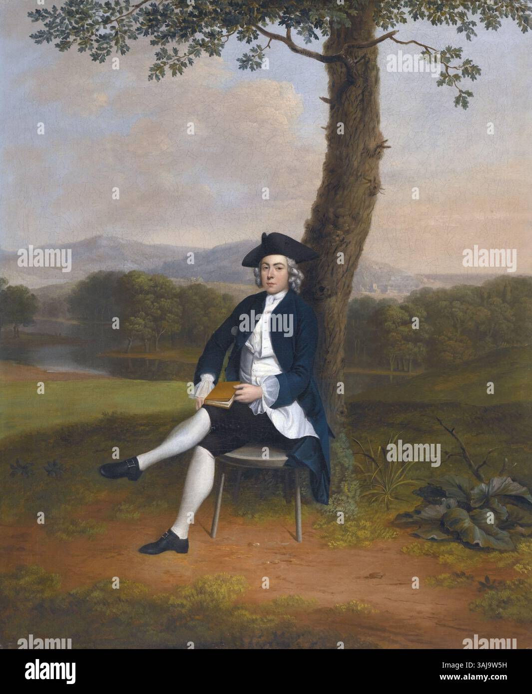 This 18th-century oil on canvas portrait by Arthur Devis shows a gentleman seated under a tree ...