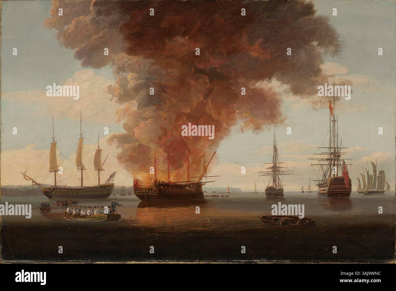 This 19th-century oil painting shows the burning of H.M.S. Boyne at ...