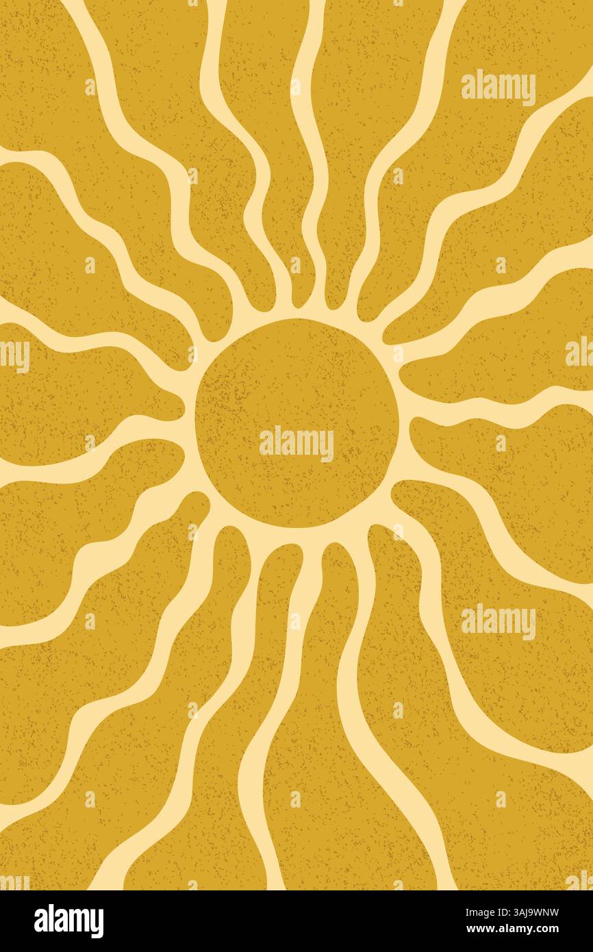 Summer sun pattern background. Groovy sun with wavy rays and vintage ...