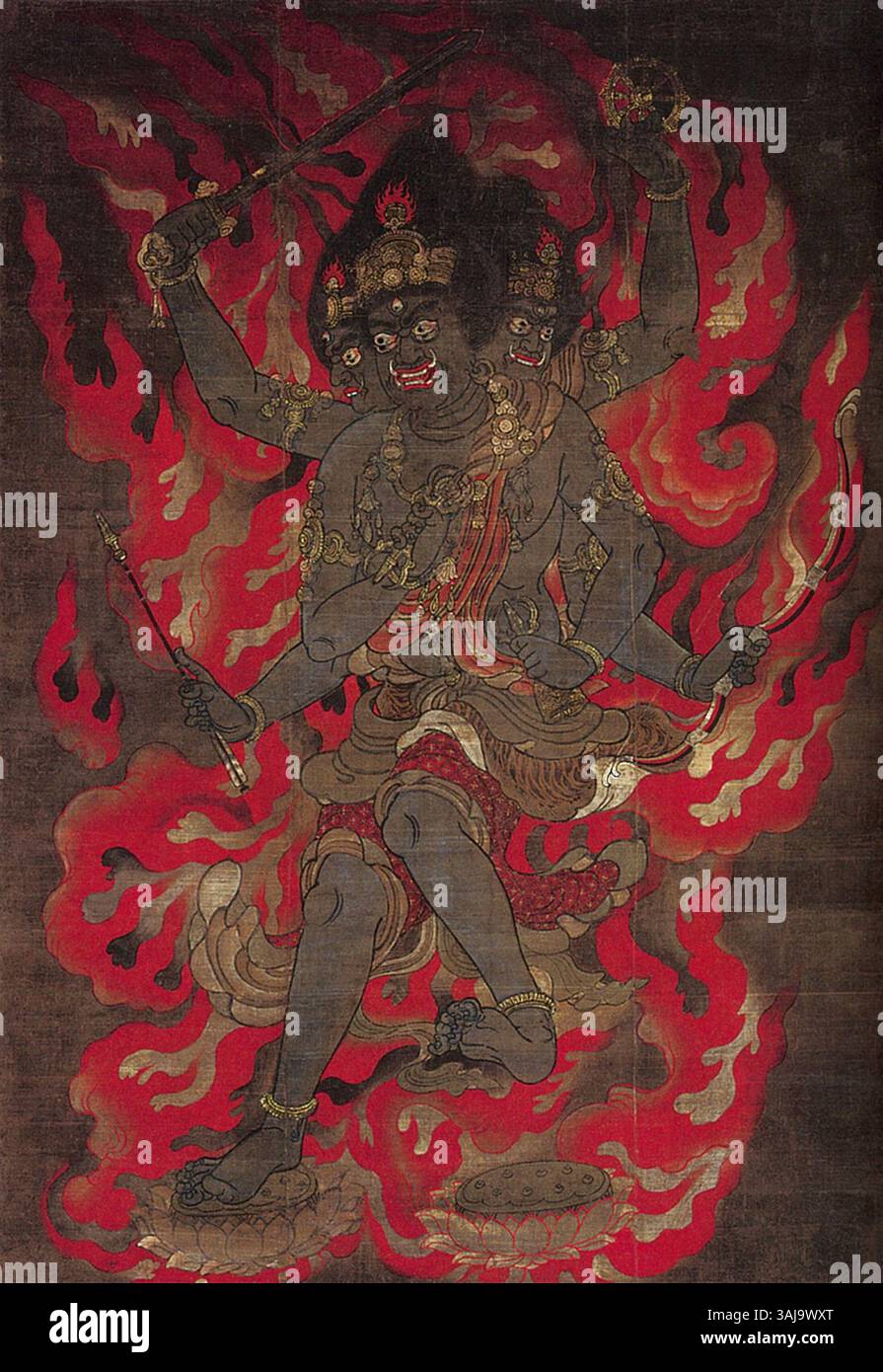 This 1213 painting from Daigo-ji depicts Vajrayaka, one of the Five Great Wisdom Kings, a ...