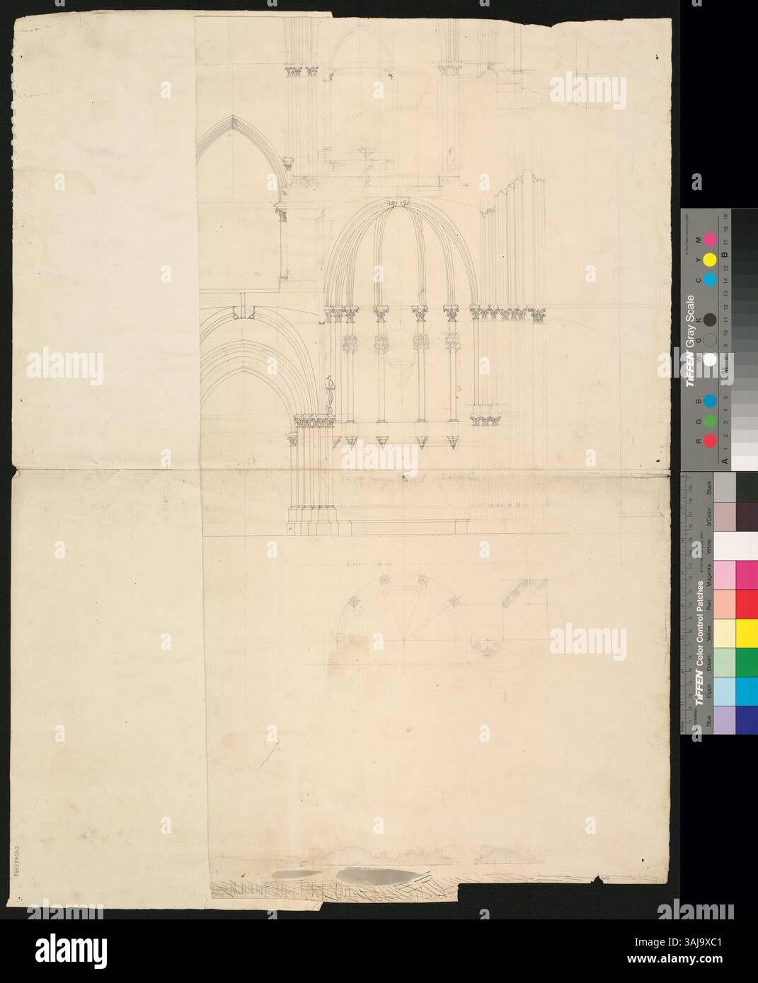 This image presents cross-sections and detailed studies of a church ...