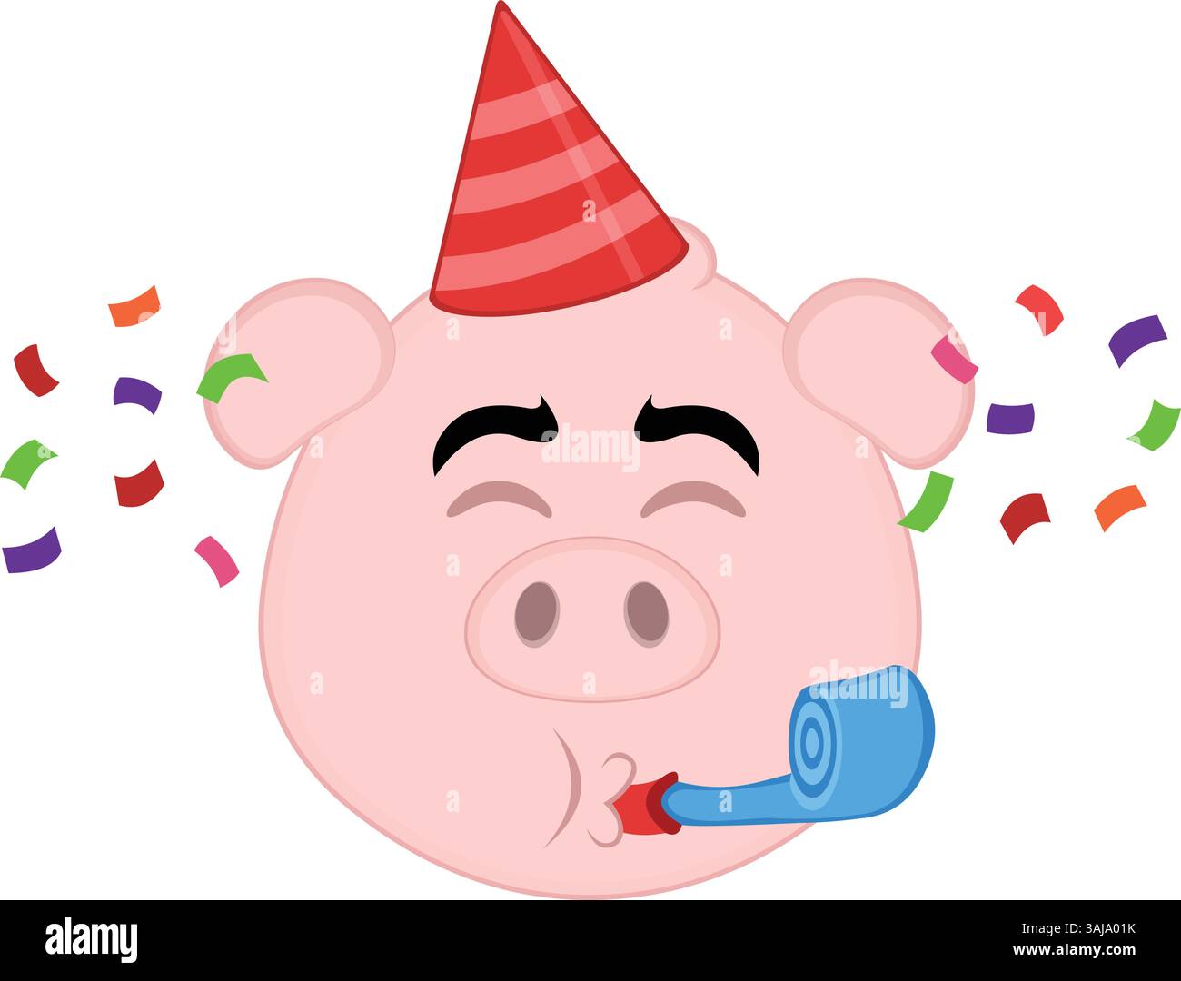 vector illustration emoji character face pig cartoon, with a party hat, serpentine and falling ...