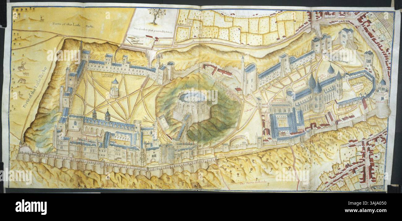 This 1607 watercolor painting by John Norden offers a bird’s-eye view ...