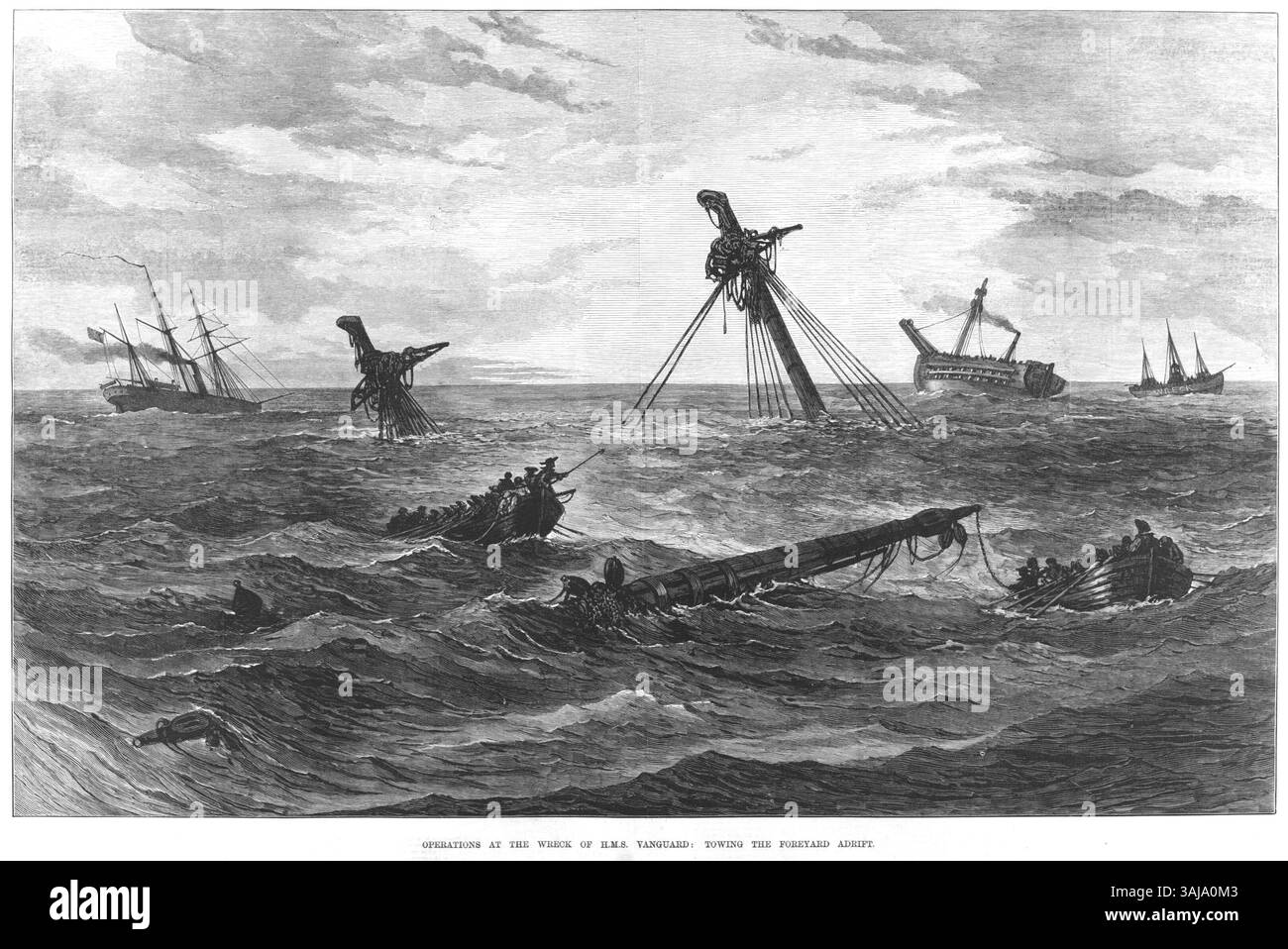 The illustration shows the operation of towing the foreyard adrift at ...