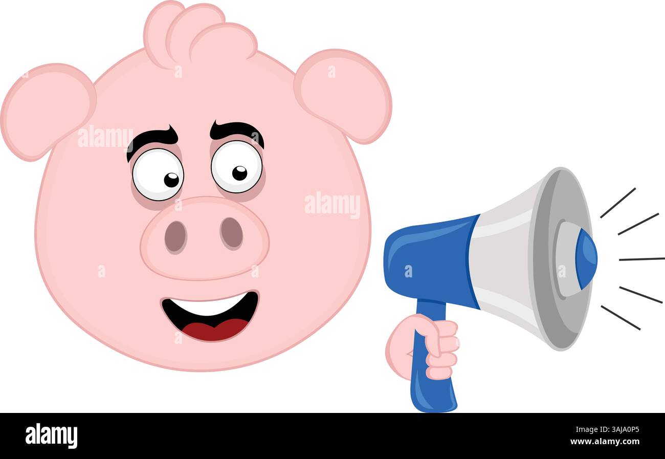 vector illustration emoji character face pig cartoon, talking with a megaphone in your hand ...