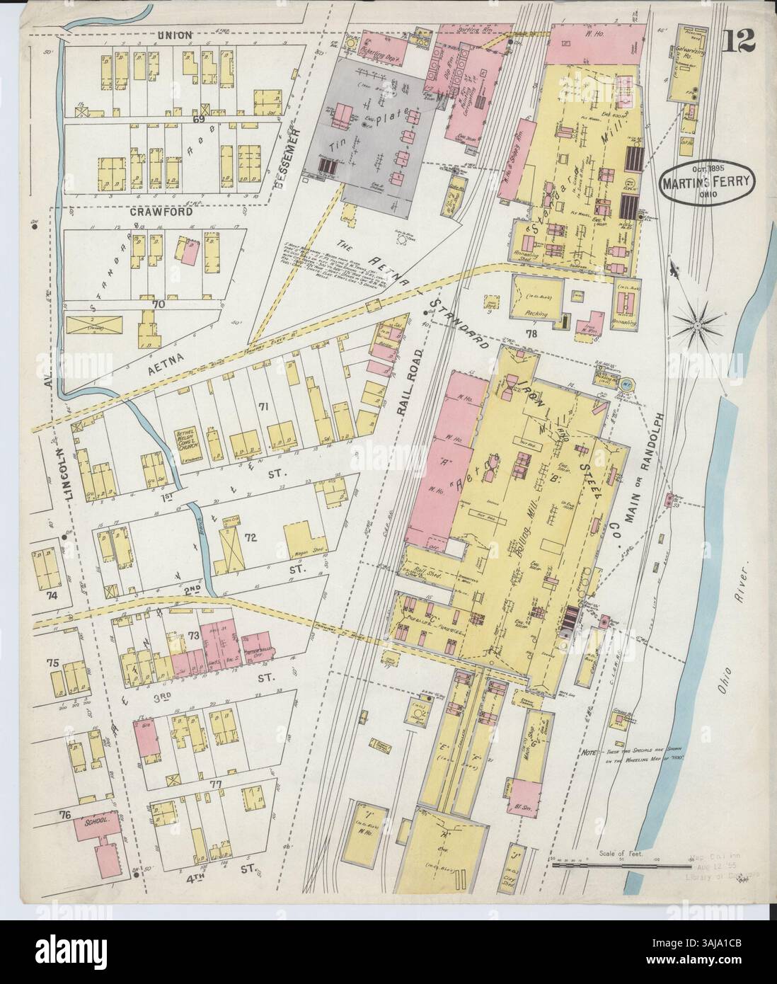 This map from October 1895 shows Martins Ferry's buildings, streets ...