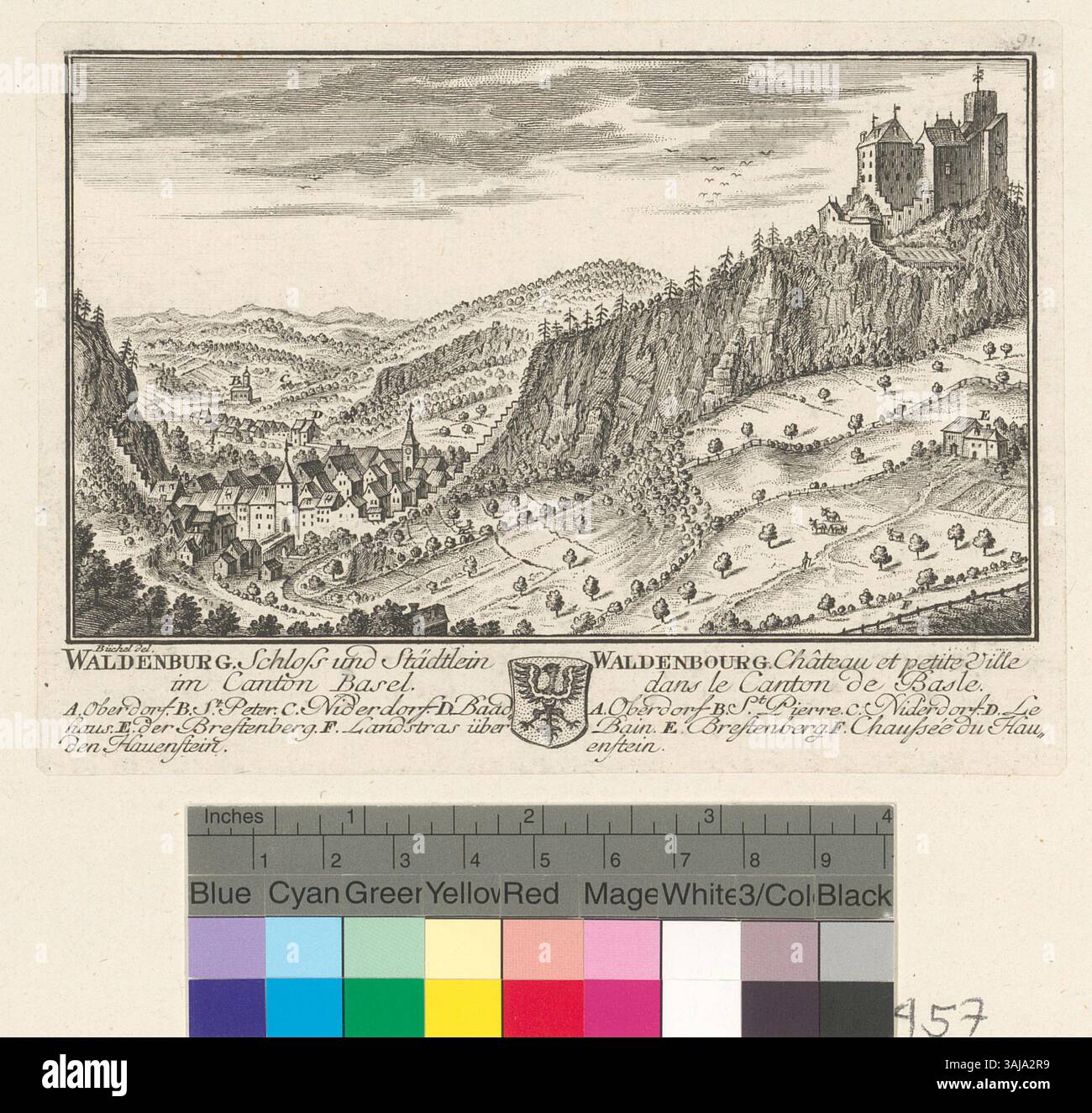 This 1755 etching by Emanuel Büchel depicts the Waldenburg Castle and ...