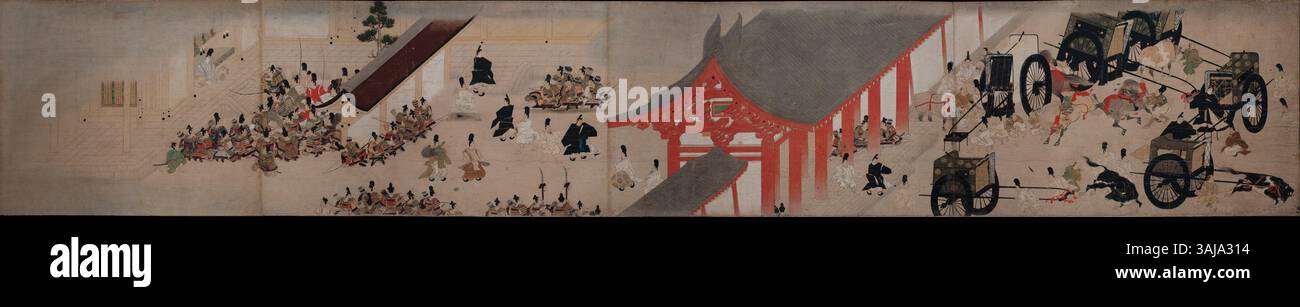A 13th-century Japanese emakimono illustrating the Heiji Civil War. The ...