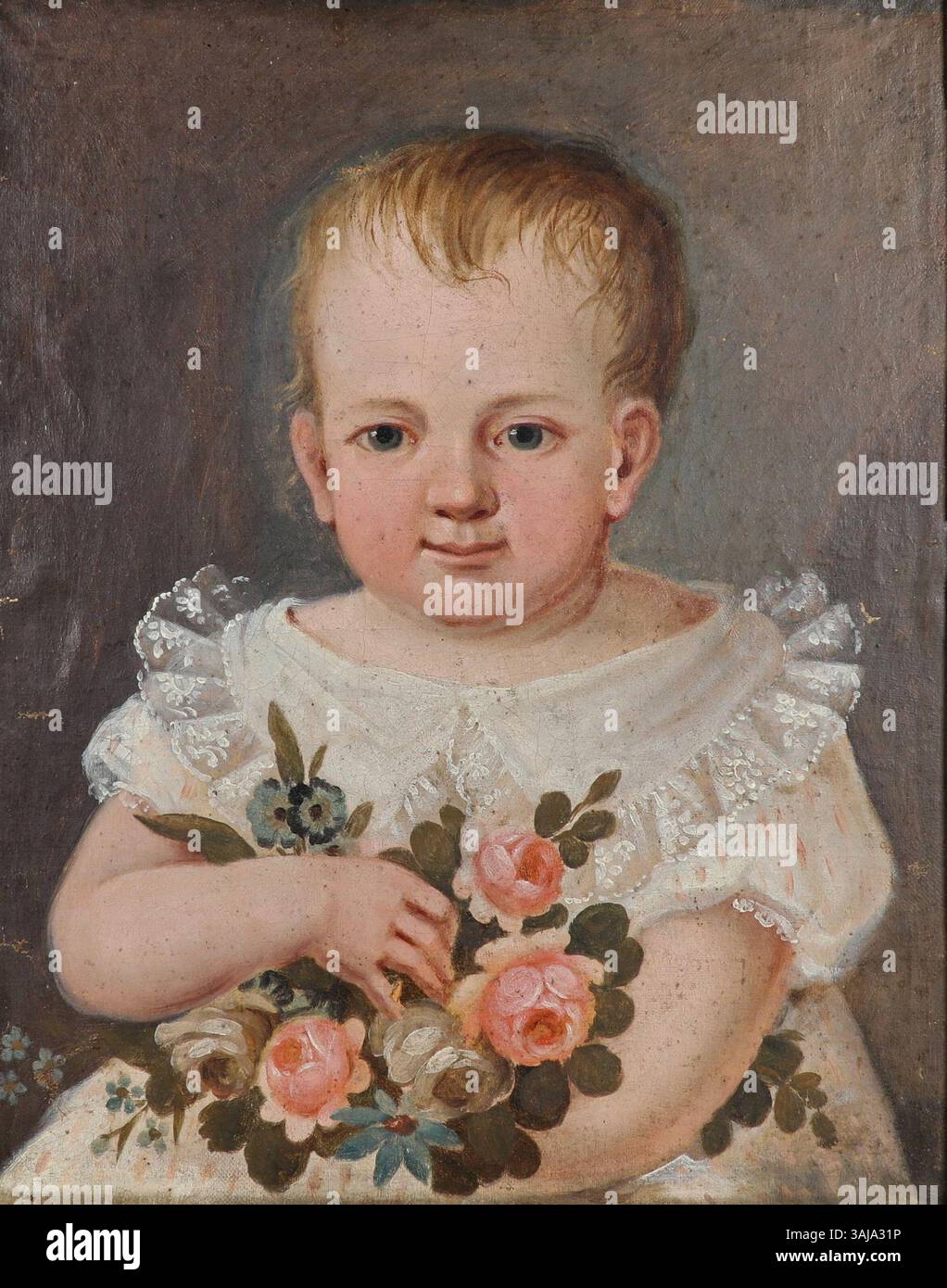 19th-century portrait of a child dressed in a white dress with lace ...