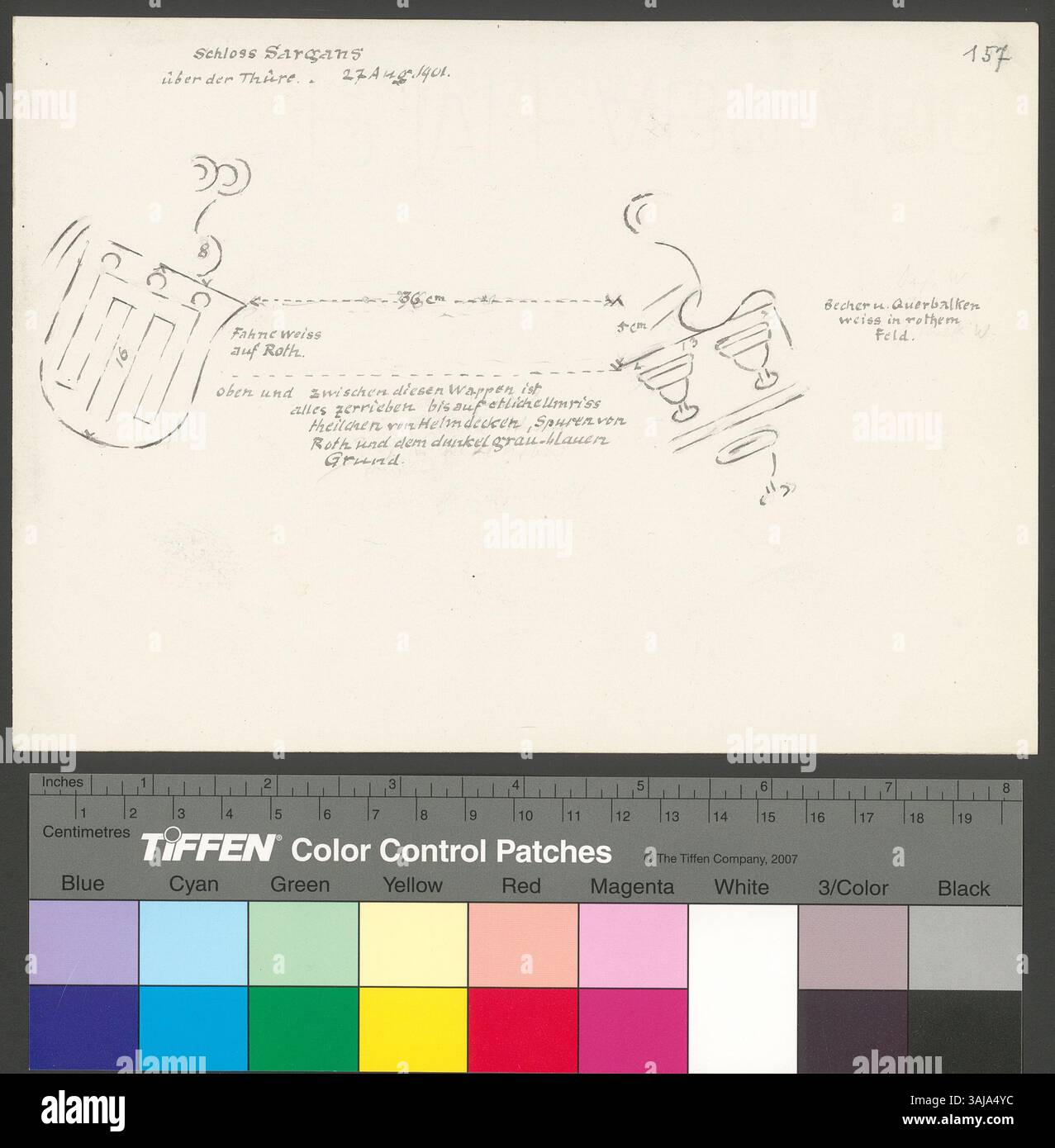 This depiction shows two full coats of arms over the narrow red-painted ...