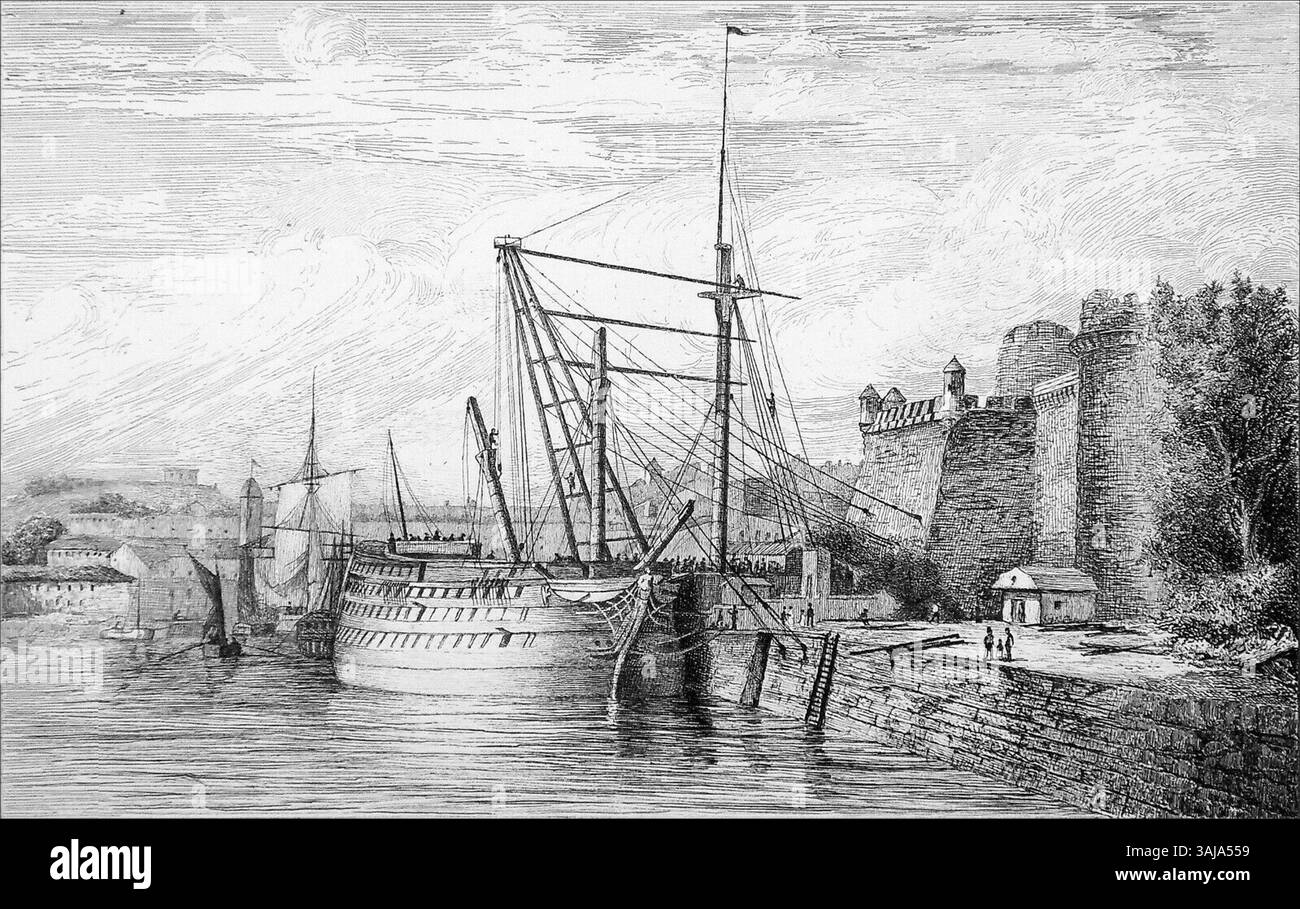 The 'Royal Louis' undergoing rigging in Brest Harbour is an image of ...