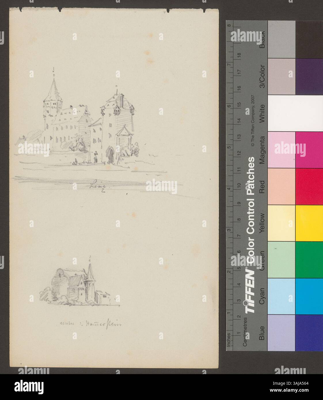 This drawing by Johann Rudolf Rahn, created between 1860 and 1910, depicts the city of Linz ...