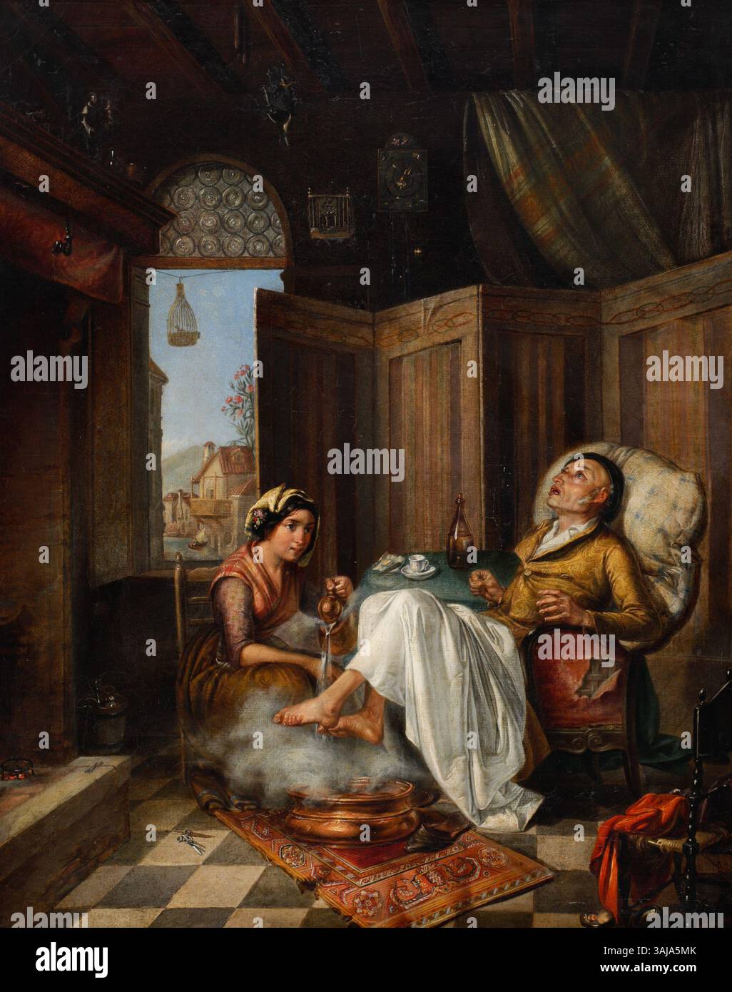 This 19th-century oil painting depicts a domestic scene with a footbath ...