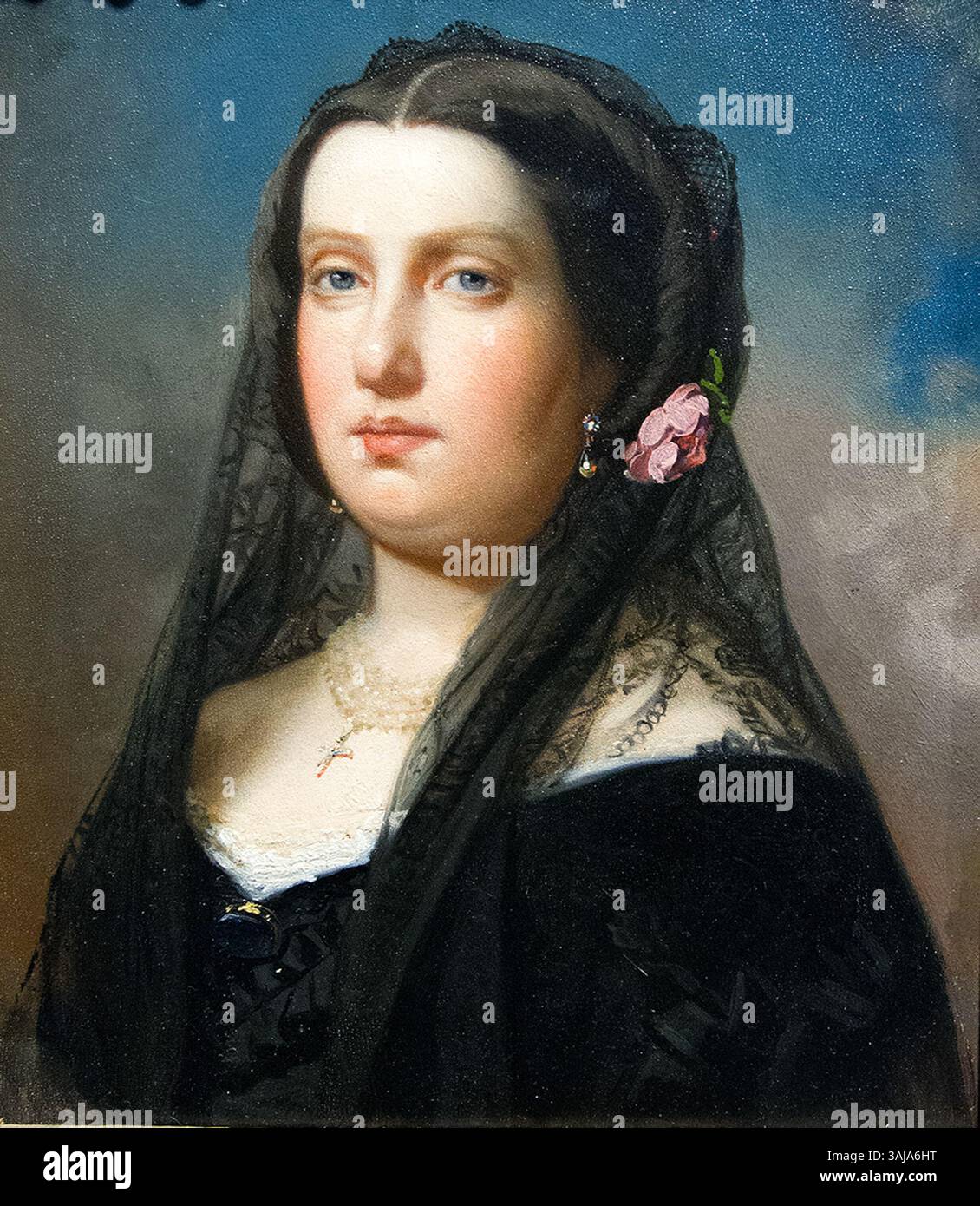 This portrait depicts Queen Isabella II of Spain wearing a traditional ...