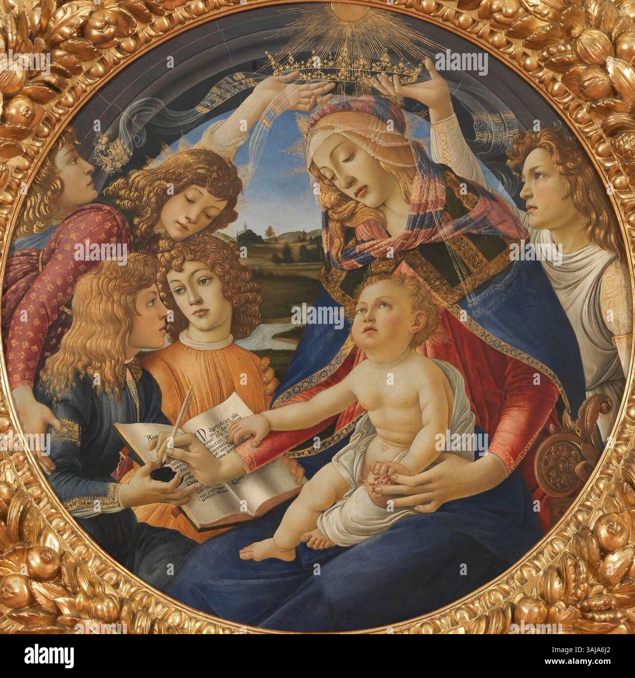 The 'Madonna del Magnificat' by Sandro Botticelli, painted circa 1483, is a tempera on panel ...