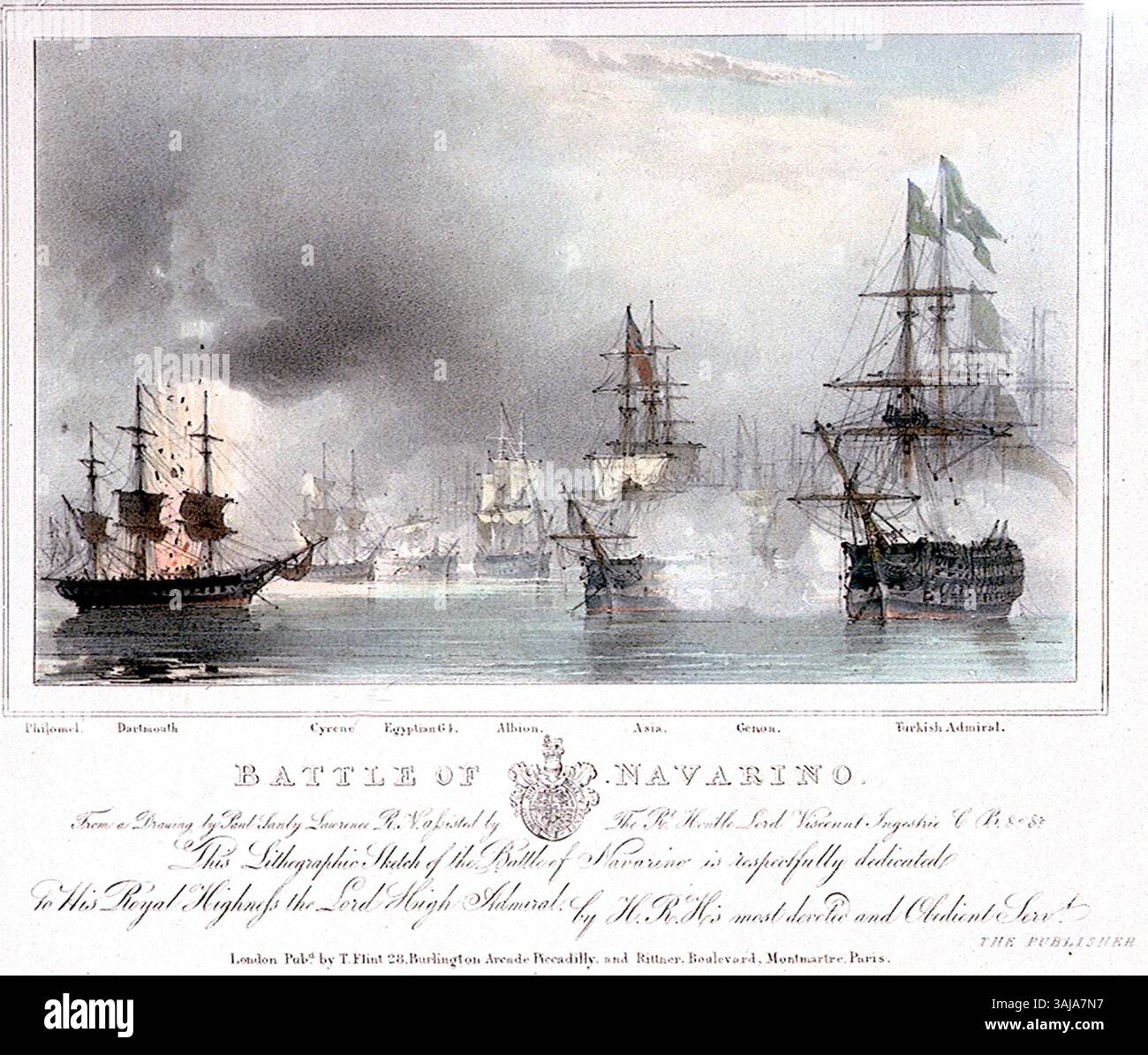 This lithographic sketch depicts the Battle of Navarino, a significant ...