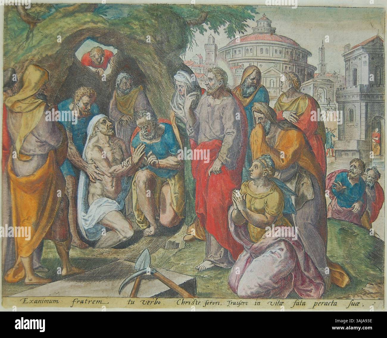 Johannes Wierix's engraving 'The Raising of Lazarus' from 1585 depicts the moment of Lazarus ...